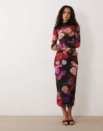 AFRM Shailene Mesh-Midikleid mit langen &Auml;rmeln, hohem Kragen und Blumenmuster in Schwarz