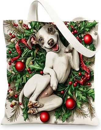 Generic Sac fourre-tout en toile motif chien Whippet de No&euml;l pour faire du shopping, 33 x 38,1 cm, sac &agrave; bandouli&egrave;re r&eacute;utilisable pour femme, peinture danimau