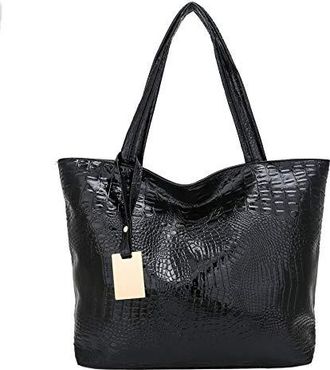 Generic Sac fourre-tout grande capacit&eacute; pour femme avec fermeture &eacute;clair Motif crocodile Sac &agrave; main en cuir brillant Sac &agrave; bandouli&egrave;re, Noir, Large