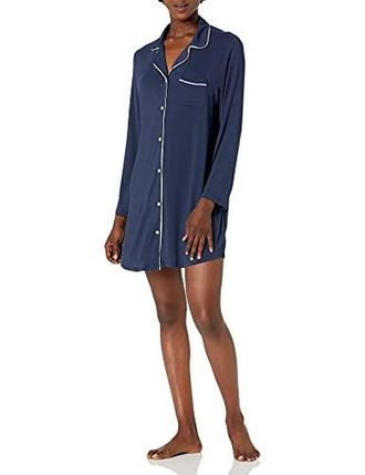 Amazon Essentials Chemise de Nuit Boutonnée sur LAvant (Grandes Tailles Disponibles) Femme, Bleu Marine Délavé, XL