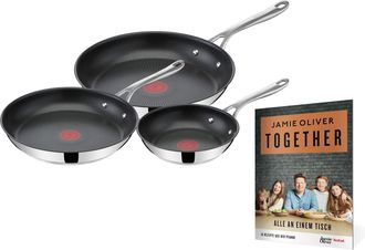 T-fal Jamie Oliver by Cooks Direct On Pfannen-Set 20/24/28 cm, Rezeptheft, Antihaft, Induktion, Backofenfest, Edelstahl, Genieteter Griff, E304S3.TOG