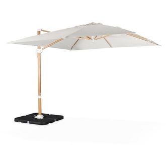 Sweeek Parasol d&eacute;port&eacute; carr&eacute; ecru 3x3m structure effet bois + Lot de 4 dalles &agrave; lester 50x50cm