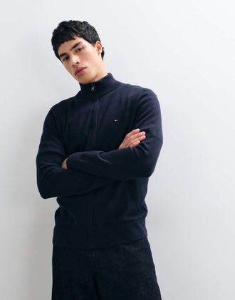 Tommy Hilfiger pull en maille zipp&eacute; en coton avec drapeau, bleu marine