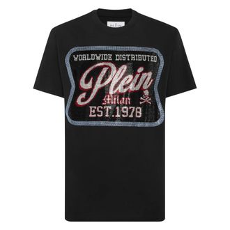 Philipp Plein Homme, Tops, Noir, Taille: XL Round Neck T-Shirt Patch Milan