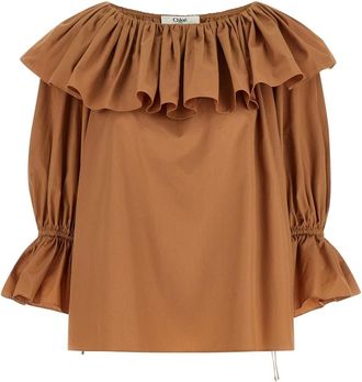Chlo&eacute; Femme, Blouses et Chemises, Beige, Taille: 40 FR Ruffled Cotton Poplin Blouse