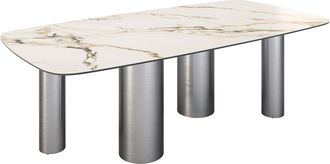 DELIFE Esszimmertisch Edge Boot Keramik Calacatta Luxe Weiß-Gold-Grau 240x120 Pilier Edelstahl
