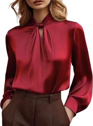 Generic Chemise à manches longues en satin léger à col en V pour femme - Style décontracté - Coupe ajustée - Pour le bureau, le travail au quotidien, T-shirts