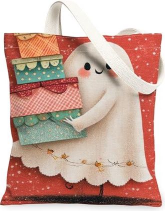 Generic Sacs fourre-tout en toile motif fant&ocirc;me dHalloween, sacs &agrave; provisions r&eacute;utilisables, l&eacute;gers et lavables pour lautomne, Rouge, 13x15 Inch