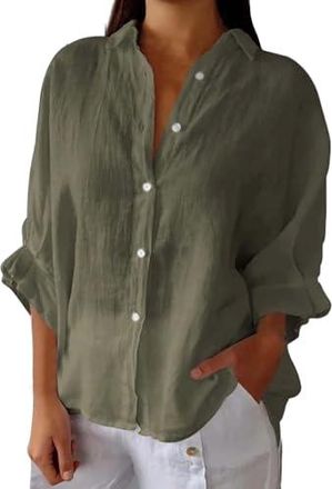 Generic Chemisiers habill&eacute;s en lin pour femme - Style d&eacute;contract&eacute; - En coton et lin - Boutons - Manches longues - Tunique ample - 2026 - V&ecirc;tements tendance, v
