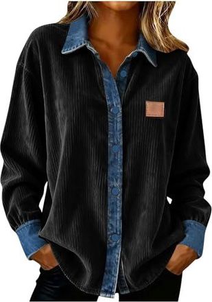 Generic Chemises en velours c&ocirc;tel&eacute; pour femme - Style d&eacute;contract&eacute; - Col patchwork - En velours c&ocirc;tel&eacute; - Pour le printemps - Patchwork - Boutons en denim, Noir
