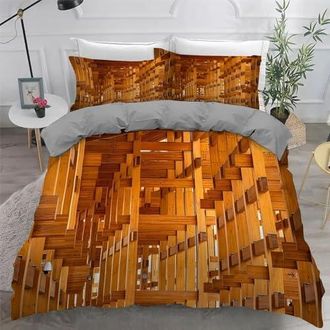 Generic Housse de Couette 200x200 Architecture en Bois Parure de Lit 2 Personnes Patchwork G&eacute;om&eacute;trique Imprim&eacute;e 3D Microfibre Literie Set 3 Pi&egrave;ces avec Housse