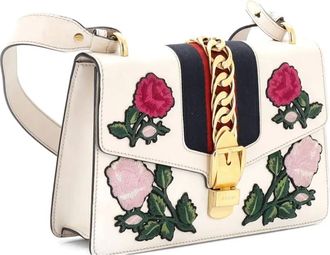 Gucci Sylvie Embroidered Leather Small shoulder bag - Nude