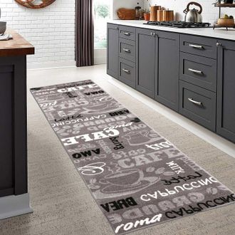 Vimoda K&uuml;chenteppich Grau Trendiger Kaffee Teppich, Verschiedene Schriftarten und Muster Kaffee, Ma&szlig;e:80x250 cm