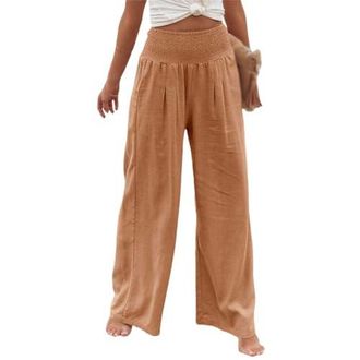 Generic Pantalon Palazzo &agrave; taille smock&eacute;e pour femmes, jambes larges, tenue d&eacute;t&eacute; fluide pour la plage, le salon de plage, les voyages et les vacances, marron 