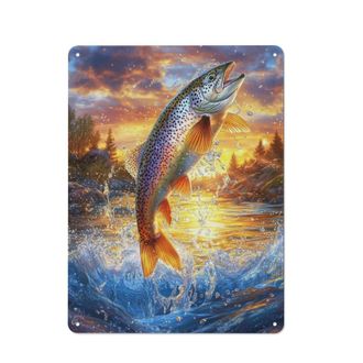 Generic Wanddeko, Retro Bade Wand Dekoration, Forellen Springen Bei Sonnenuntergang Aus Dem Wasser, T&uuml;rschild F&uuml;r Geburtstag B&uuml;ro Deko, 20X30Cm