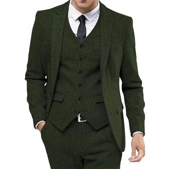 Generic Costume r&eacute;tro en tweed 3 pi&egrave;ces pour homme - En laine &agrave; chevrons - Coupe ajust&eacute;e - Coupe ajust&eacute;e - Style formel et d&eacute;contract&eacute;, Vert militaire, 6XL