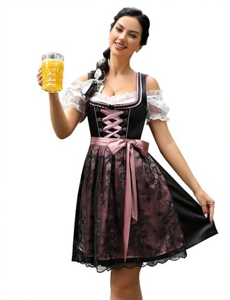 KOJOOIN Damen Trachtenkleid Midi Kurz Dirndl 3tlg. f&uuml;r Oktoberfest DREI Teilig: Dirndlkleid,Bluse,Sch&uuml;rze Schwarz 38