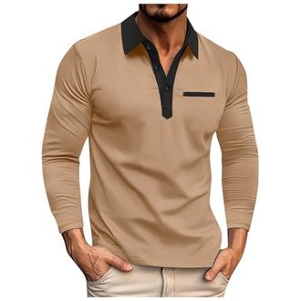 Generic Polo pour homme - D&eacute;contract&eacute; - Coupe ajust&eacute;e - Manches longues et courtes - Patchwork - Chemise de travail, kaki, XXL
