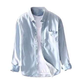 Generic Chemises daffaires en jean pour hommes, couleur unie, cardigan à manches longues, chemisier basique, bleu clair, XXXL