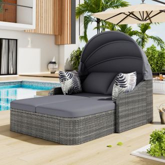 STILVORA Bain De Soleil Double Avec Baldaquin R&eacute;glable Et Dossiers Inclinables, 4 Coussins, Structure M&eacute;tal en Rotin Gris