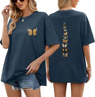Heekpek Damen Tshirt Oversize T Shirt Baumwolle Kurzarm Longshirt Sommer Oberteile Graphic Tee Lang Bluse Tunika Tops f&uuml;r Teenager M&auml;dchen Locker Basic T-Shir