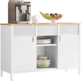 Songmics Armoire de Rangement, Meuble en Métal, Placard à Double Portes, Buffet, Fermeture Magnétique, Étagères Réglables, Cadre en Acier, Blanc Mat et Beige