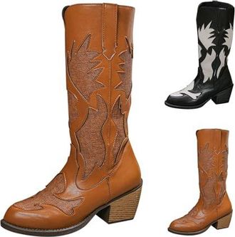 Generic Bottes de cowgirl pour femme - Bottes de cowboy vintage avec broderie florale - Bout pointu - Talon &eacute;pais - Bottes hautes classiques &agrave; enfiler, marron