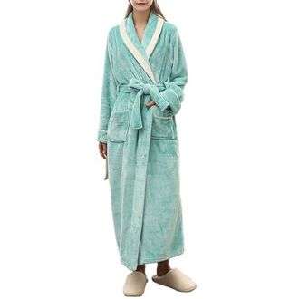Generic Peignoir Femme Doux Col V Longues Manches Ceinture Taille Maxi Peignoir Bicolore avec Poches