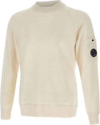 C.P. Company C.p. Company, Homme, Pulls, Blanc, Taille: M Pull Ras du Cou En Feutre De Laine Mérinos Avec Détail Optique