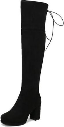 Generic Bottes &agrave; talons carr&eacute;s &agrave; bout rond pour femme - &Eacute;lastique - Lacets larges - Chaussures dhiver chaudes avec fermeture &eacute;clair, Noir, 37.5 EU