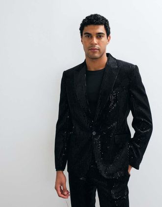 Asos Veste de costume ajust&eacute;e en velours &agrave; sequins - Noir