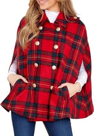 Generic Cape dhiver &agrave; carreaux pour femme, cape &agrave; double boutonnage avec poches pour femme, veste dhiver &agrave; carreaux, Rouge, XXL