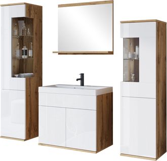 Mirjan24 Badm&ouml;bel Set Neskir mit Waschbecken und Siphon, Komplettprogramme f&uuml;r Badezimmer, Spiegel, Waschtisch, Hochschrank, H&auml;ngeschrank (Wotan Eiche/Wei&szlig; Hoc