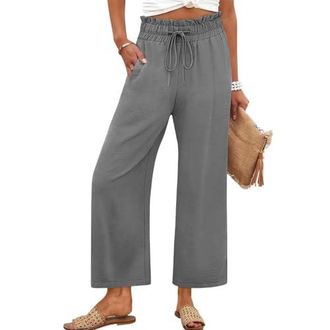Generic Pantalon d&eacute;t&eacute; 3/4 en mousseline pour femme - Pantalon d&eacute;t&eacute; l&eacute;ger en lin - Avec poches - D&eacute;contract&eacute; - Pantalon en tissu &eacute;lastique et confortable - Pou