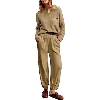 Generic Ensemble de surv&ecirc;tement d&eacute;contract&eacute; en coton et lin pour femme - Chemise de couleur unie - Pantalon large - Combinaison de loisirs pour femme, marron,
