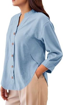 Generic Chemises en lin pour femme, chemisiers en coton et lin pour femmes, chemises d&eacute;t&eacute; en coton avec col en V, boutons, manches longues, chemisier respiran
