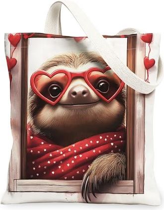 Generic Sac fourre-tout en toile motif paresseux pour faire du shopping 33 x 38,1 cm, sac &agrave; bandouli&egrave;re r&eacute;utilisable pour la Saint-Valentin, sac d&eacute;picerie r&eacute;u