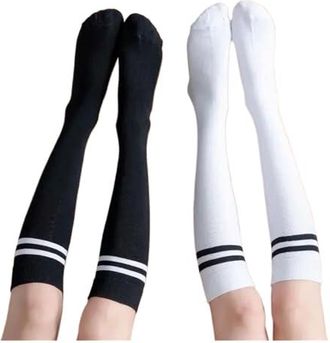 Generic Chaussettes hautes ray&eacute;es en coton noir et blanc pour femme (2 paires), Noir et blanc - 2 paires, Taille Unique