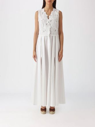 Ermanno Scervino Robe longue trap&egrave;ze en coton avec empi&egrave;cements en dentelle macram&eacute;