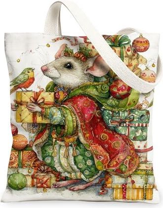 Generic Sacs fourre-tout en toile motif souris de No&euml;l, sacs d&eacute;picerie r&eacute;utilisables, l&eacute;gers et lavables, multicolore, 13x15 Inch