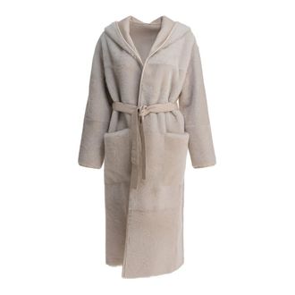 BLANCHA Lammfellmantel mit Kapuze und G&uuml;rtel - - Coats - Damen - Beige - S