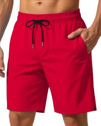 Generic Short de bain pour homme avec doublure en maille - Doux - Cordon de serrage - S&eacute;chage rapide - Avec poches zipp&eacute;es, Rouge, XXL