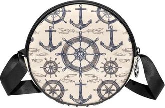 Generic Sac &agrave; bandouli&egrave;re rond pour femme, motif ancres, roues, petit sac &agrave; bandouli&egrave;re avec fermeture &eacute;clair, bretelles r&eacute;glables, sac &agrave; main rond d&eacute;contract