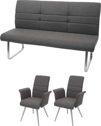 Hhg Set 2x Esszimmerstuhl+Sitzbank HHG 709, Bank Küchenstuhl Stuhl+Armlehne, Stoff/Textil Edelstahl grau-braun Bank 160cm