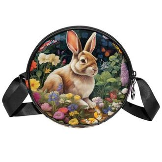 Generic Petit sac &agrave; bandouli&egrave;re circulaire pour femme, motif floral, lapin, sac &agrave; dos &agrave; bandouli&egrave;re avec fermeture &eacute;clair, bretelles r&eacute;glables, sac &agrave; main ron