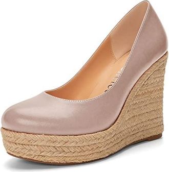 Castamere Femmes Haut High Talon Heel Compensé Plate-Forme Rond Bout Escarpins Slip-on Classique Cute Bureau Chaussures Beige 39 EU
