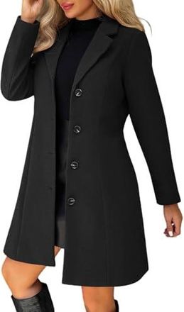 Generic Manteaux en laine pour femme automne-hiver habill&eacute;, mi-long &agrave; revers crant&eacute; simple boutonnage, trench-coat d&eacute;contract&eacute;, Noir, XXL