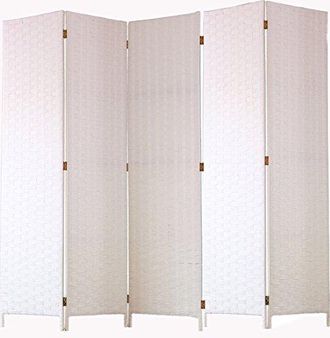 PEGANE Paravent de 5 pans tressé en Fibres Naturelles Coloris Blanc - Dim : H180 x L225 cm -PEGANE