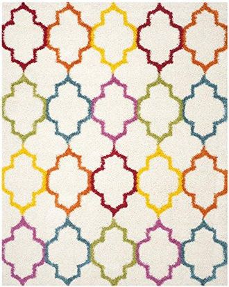 Safavieh Kids Shag Collection Tapis décoratif - 1,8 x 2,7 m, Ivoire et Multicolore, ne perd Pas Ses Poils et Facile dentretien, Motif Treillis Arc-en-Ciel, 5,1