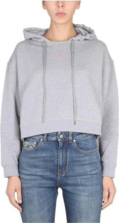 Stella McCartney Femme, Sweatshirts et sweats &agrave; capuche, Gris, Taille: 38 FR Embroidered Logo Hooded Cropped SweaT-shirt